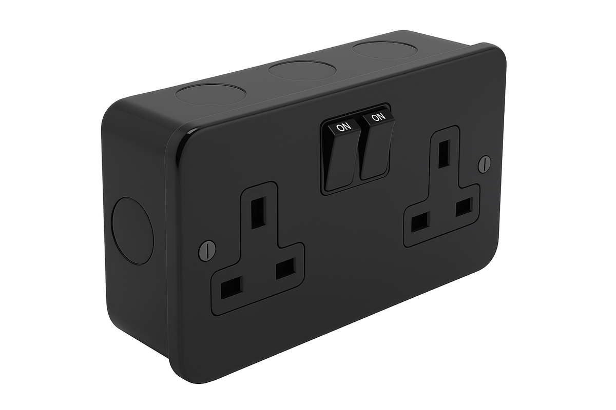 SH|P® Metal Clad 13A Double Plug Socket – Matt Black with Back Box ...