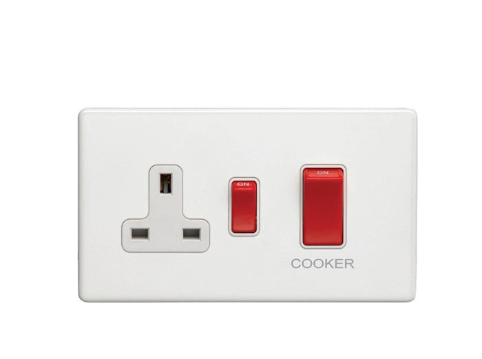 45Amp DP Cooker Switch With 13Amp Socket Flat Concealed White Plate Wh ...